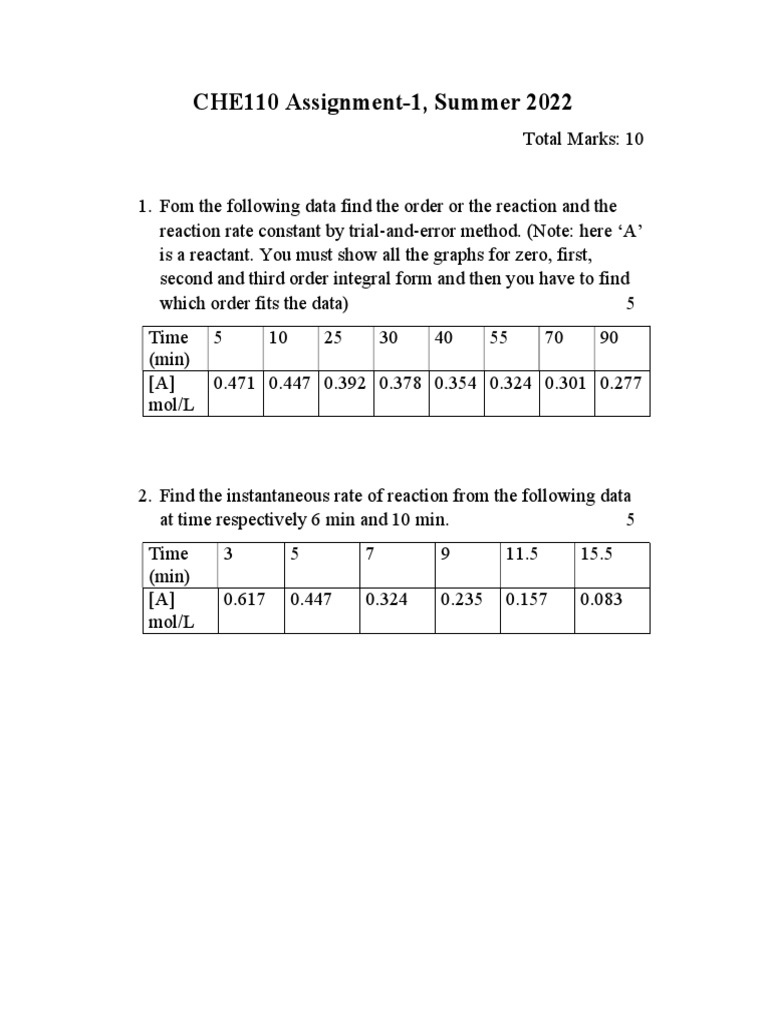 CHE110 Assignment-1 Summer2022 | PDF