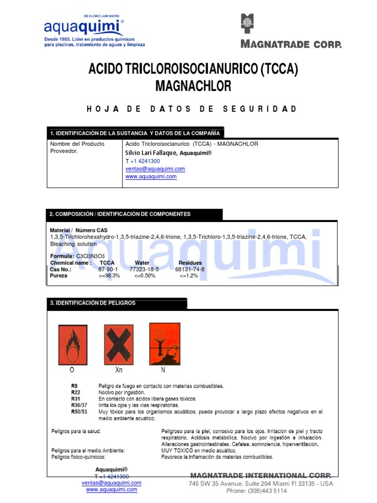 Hoja de Seguridad Cloro en Pastillas TCCA MAGNACHLOR | PDF | Ester | Química