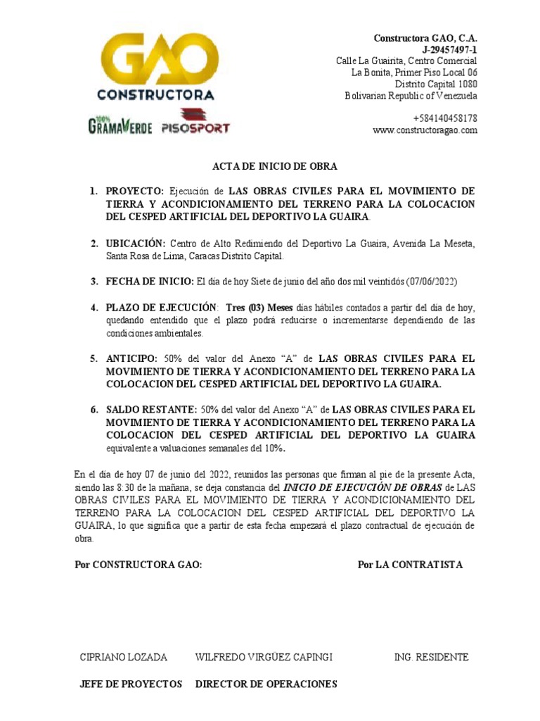 Acta de Inicio de Obra | PDF