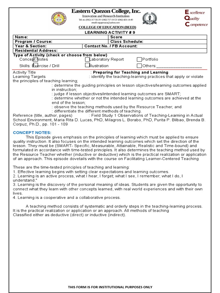 LAS 9 Preparing For Teaching and Learning | PDF | Learning | Teachers