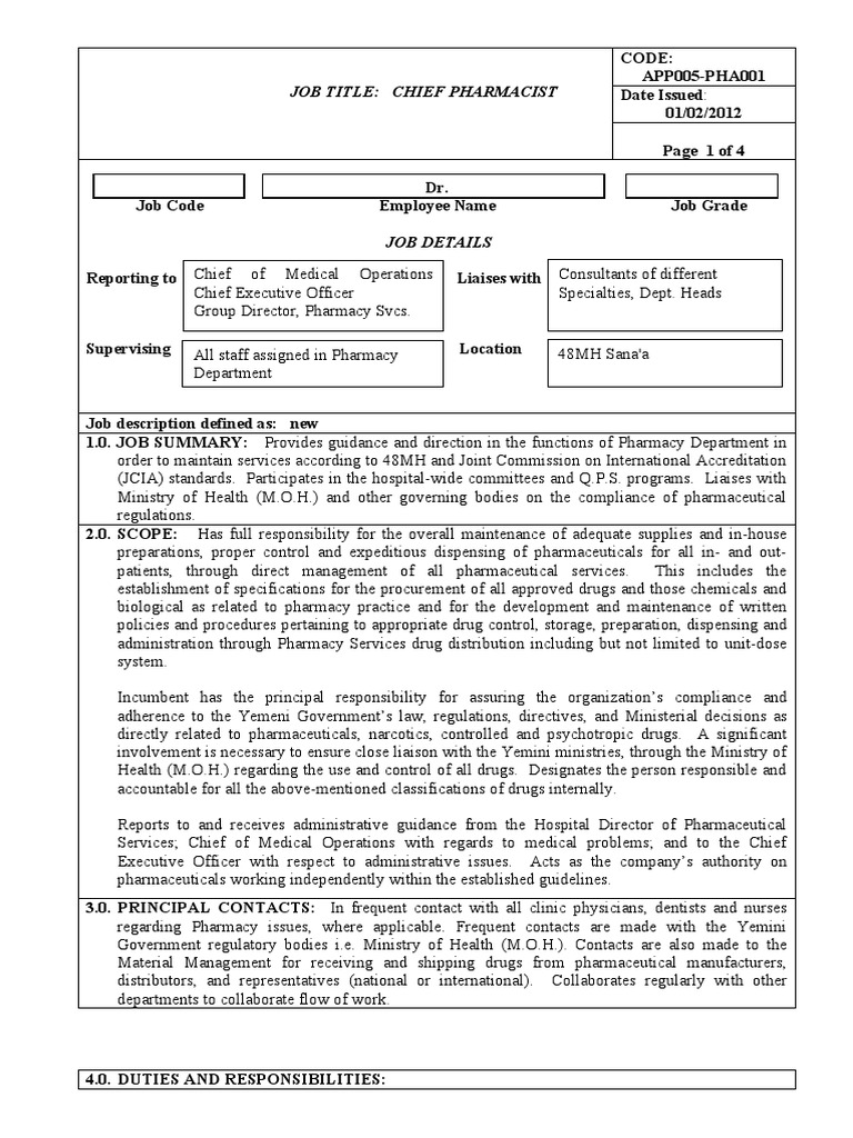 Job Title: Chief Pharmacist | PDF | Pharmacy | Pharmacist
