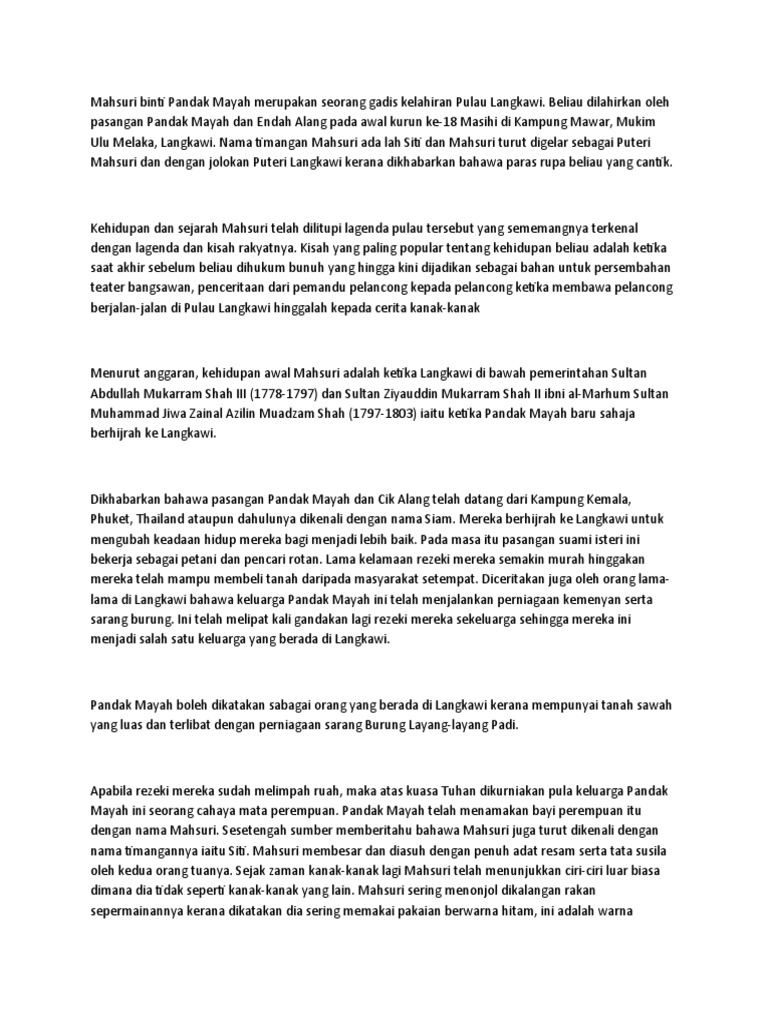 Mahsuri Binti Pandak Mayah Merupakan Seorang Gadis Kelahiran Pulau ...