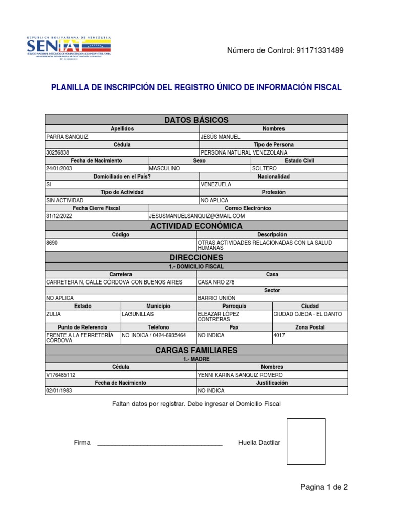 Planilla SENIAT Jesús Parra | PDF | Gobierno
