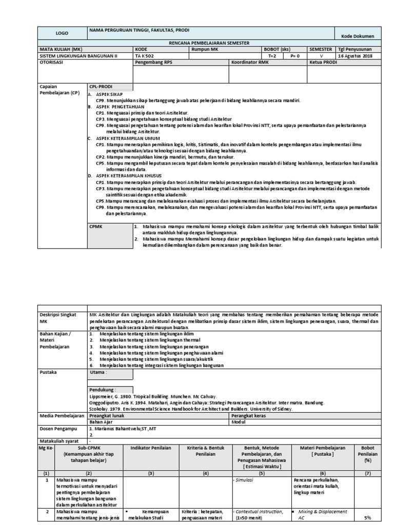 RPS MK Sistem Lingkungan Bangunan II | PDF | Teknologi & Rekayasa