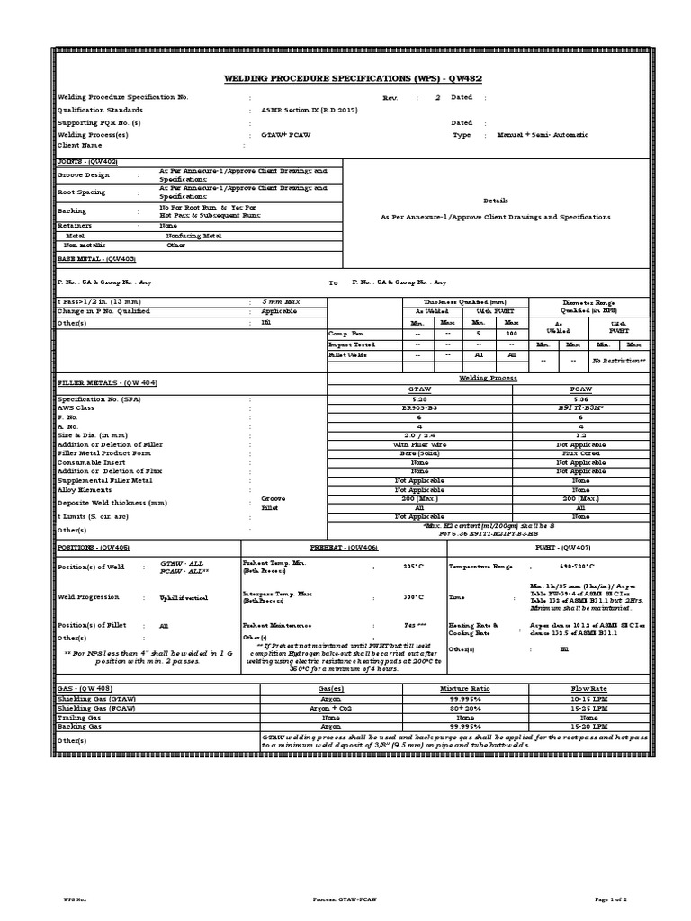 WPS P5A Group Any To P5A Group Any GTAW FCAW Manual Semi Automatic ...