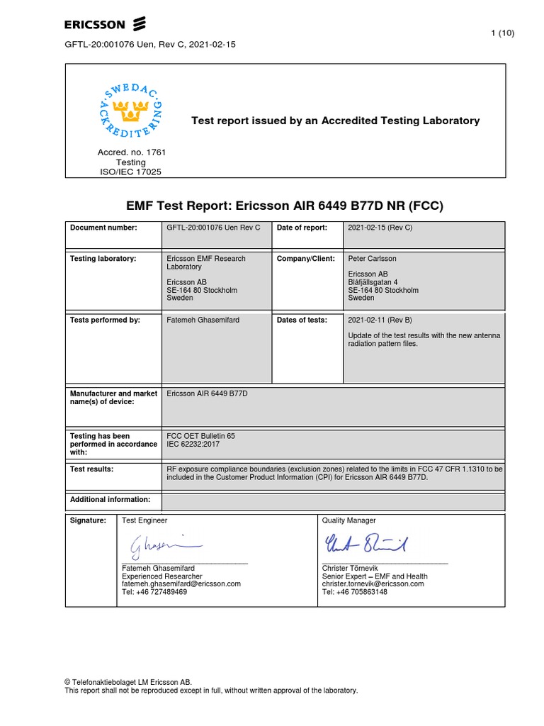 EMF Test Report: Ericsson AIR 6449 B77D NR (FCC) : Test Report Issued ...