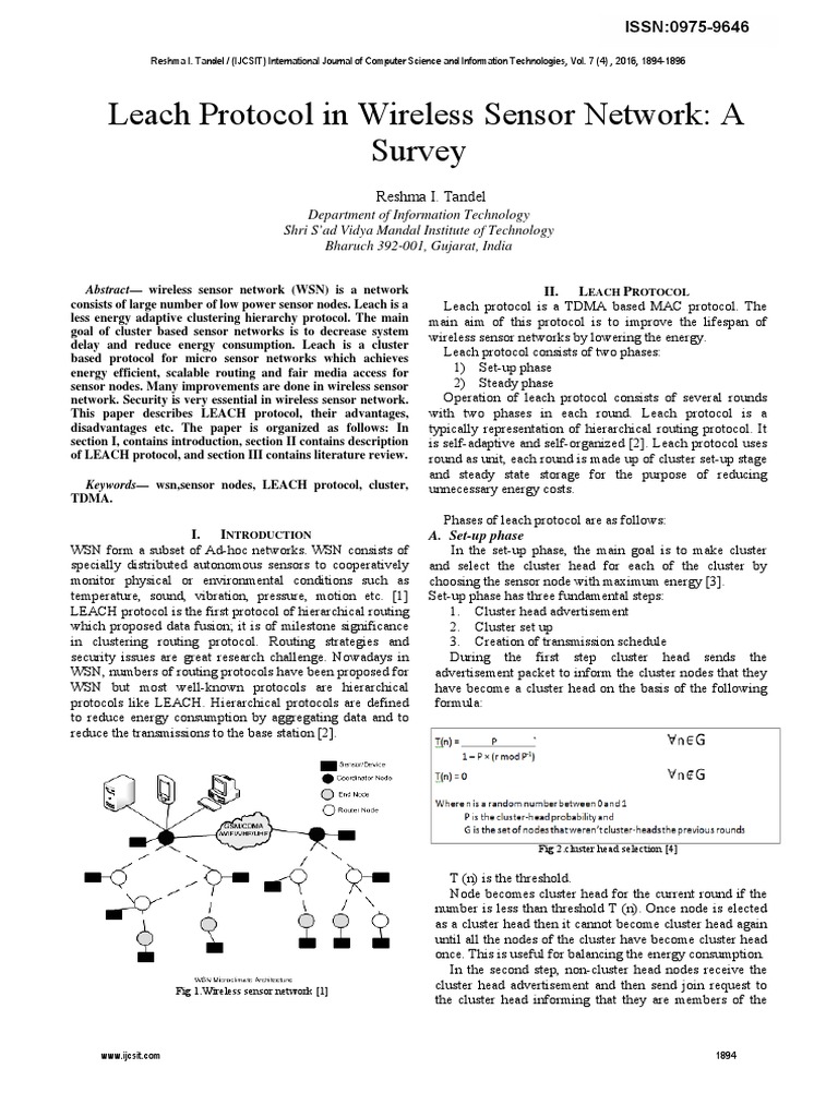 Leach Protocol In Wireless Sensor Network A Survey Ii L P Pdf Wireless Sensor Network