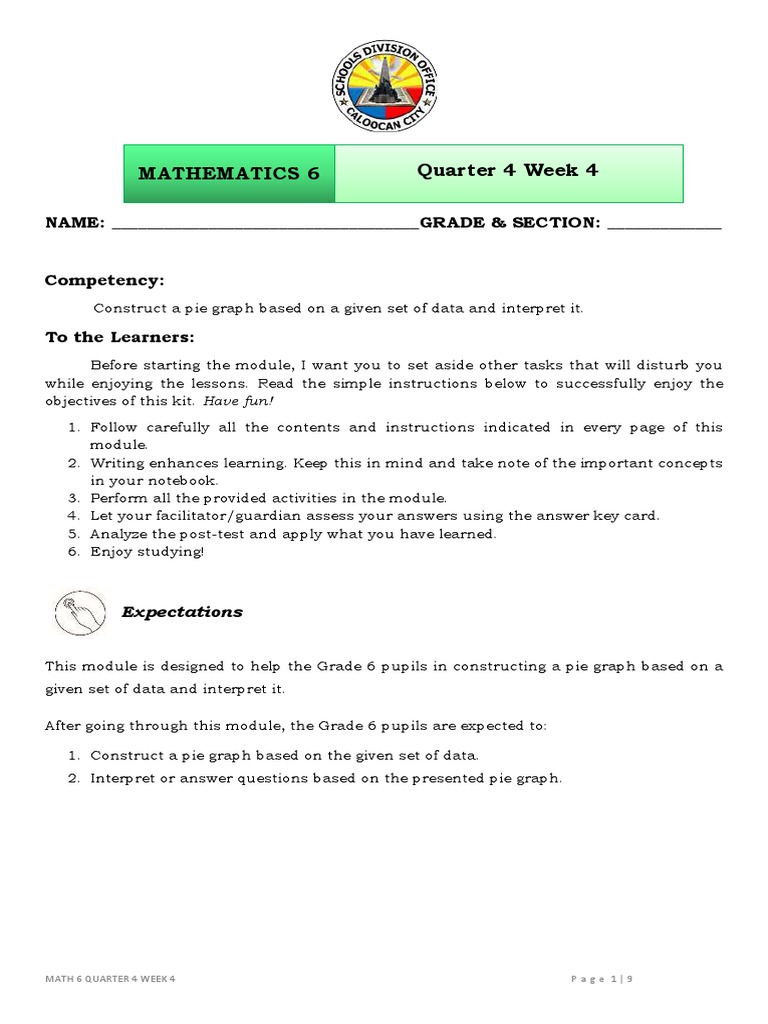 Mathematics 6 Quarter 4 Week 4: NAME: - GRADE & SECTION | PDF | Pie ...