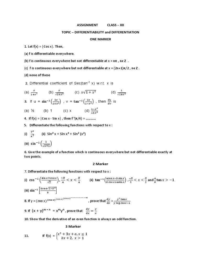Assignment Differentiability | PDF | Trigonometric Functions | Numbers