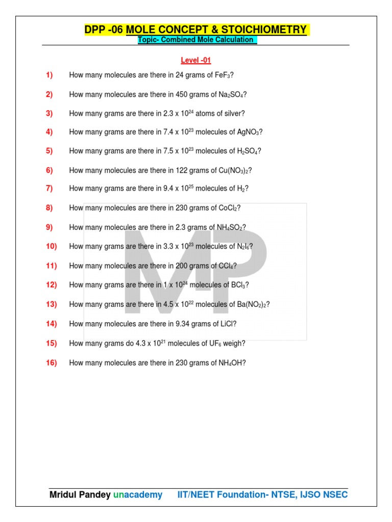DPP - 06 Mole Concept & Stoichiometry: Topic-Combined Mole Calculation | PDF | Mole (Unit ...