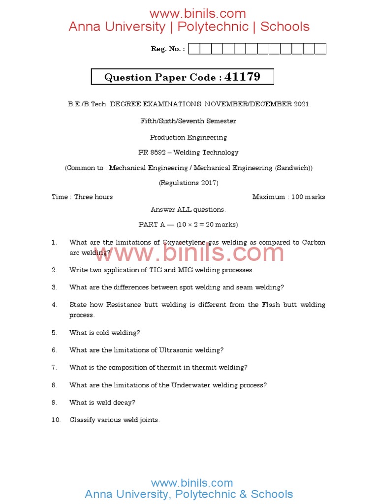 Anna University Welding Technology Question Paper | PDF | Construction ...