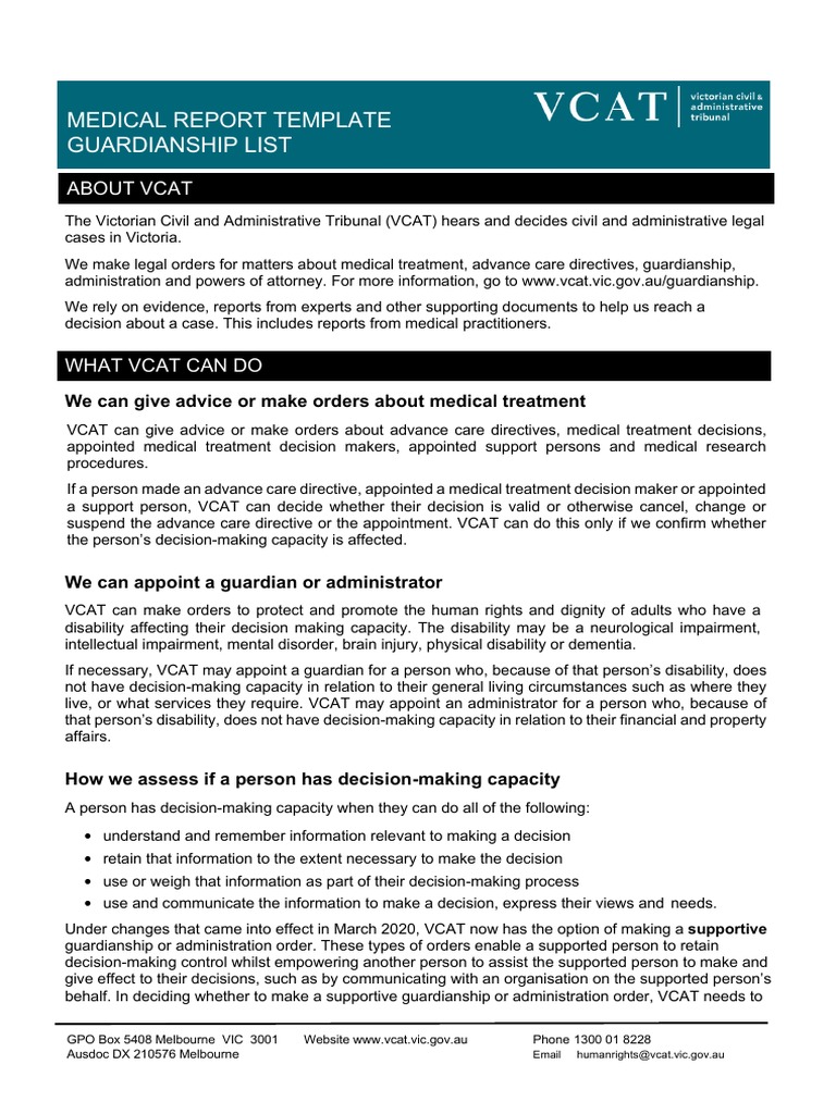 VCAT Guardianship Medical Report Template | PDF | Power Of Attorney ...