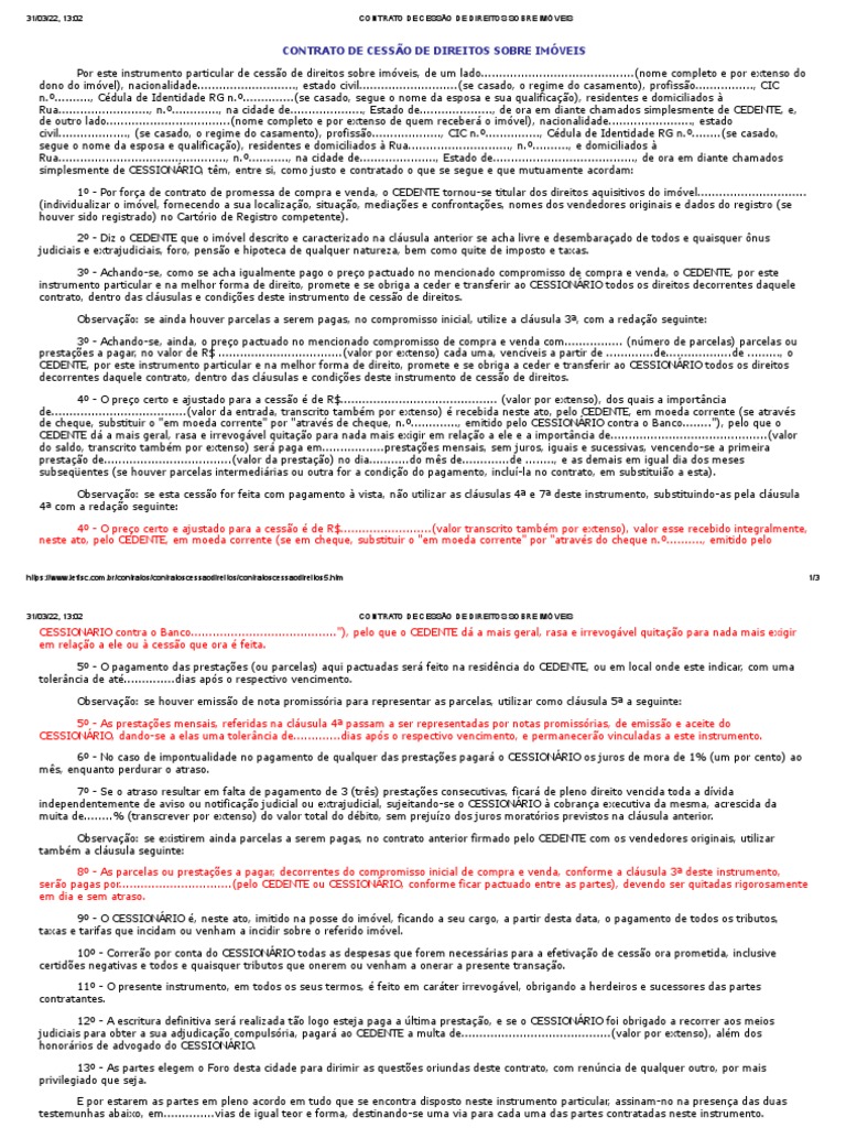 Contrato De Cessão De Direitos Sobre Imóveis Pdf Cheque Banco