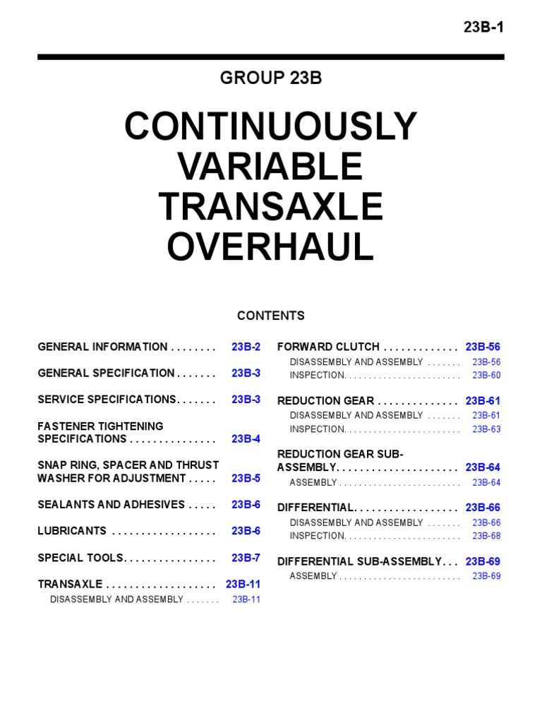 Continuously Variable Transaxle Overhaul: Group 23B | PDF | Axle | Screw
