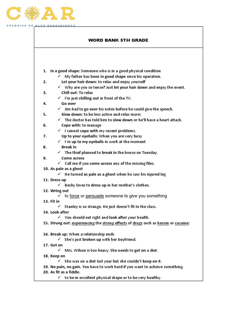 Word Bank 5TH Grade | PDF