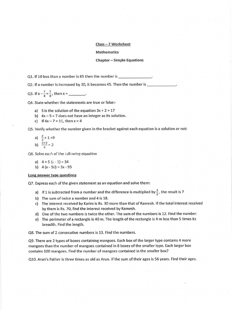 Simple Equations Class 7 Maths | PDF