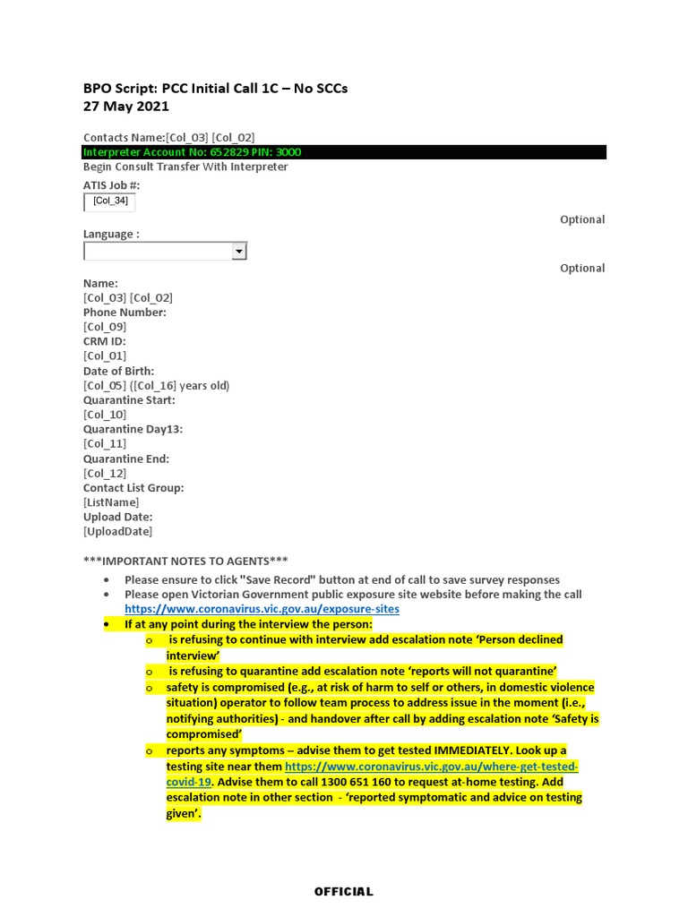 BPO PCC Initial Call Script 1C 27-05-2021 | PDF | Quarantine | Mail
