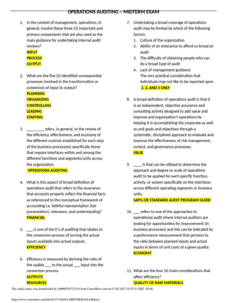 Operations Auditing - Midterm Exam: Input Process Output | PDF | Internal Audit | Audit