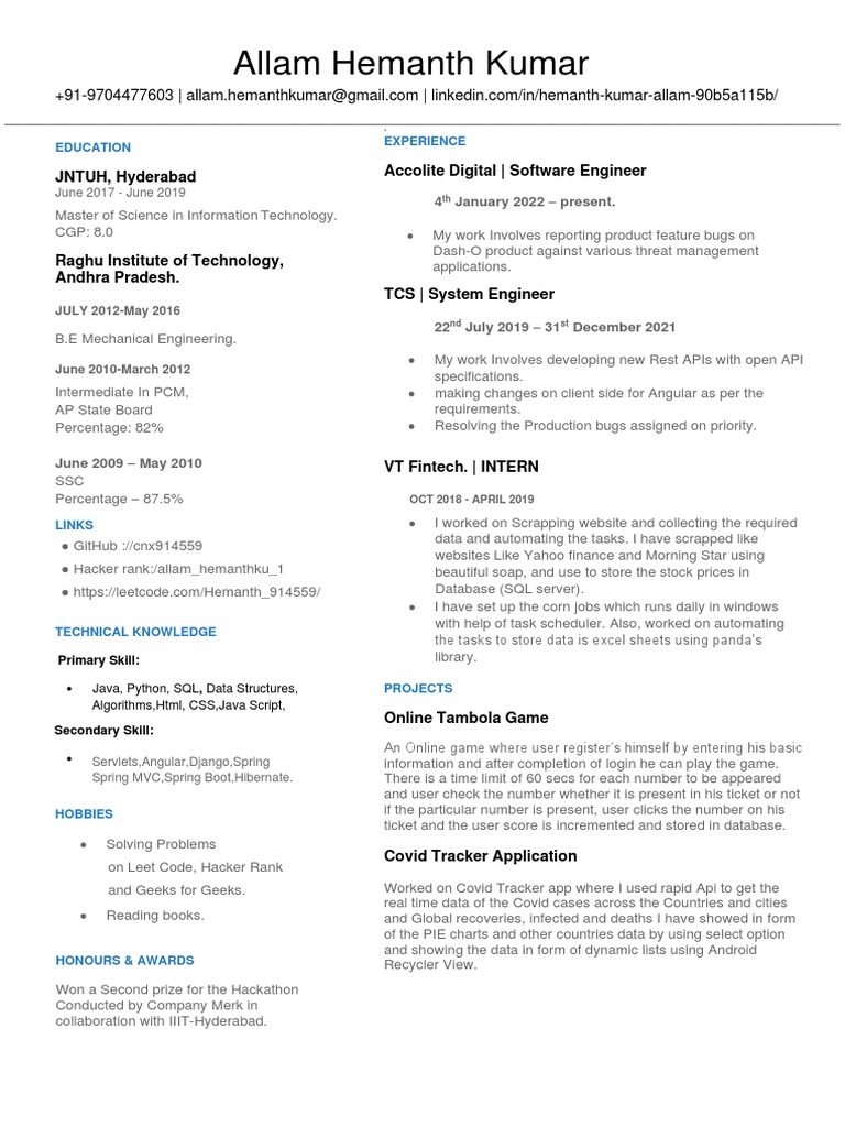 Allam Hemanth Kumar: JNTUH, Hyderabad Accolite Digital - Software Engineer | PDF | Spring ...
