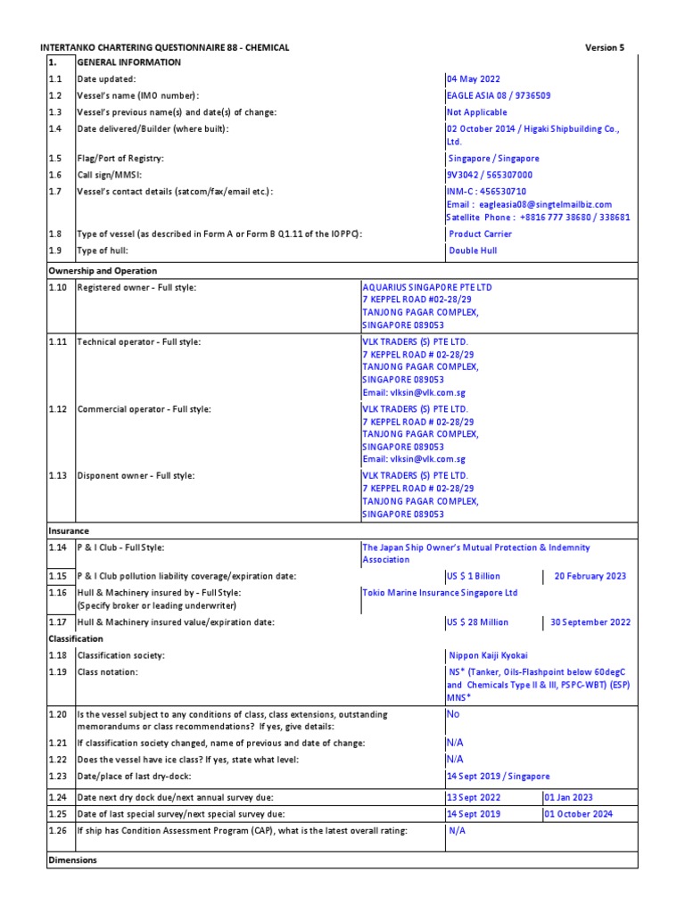 Intertanko Chartering Questionnaire 88 - Chemical 1. General ...