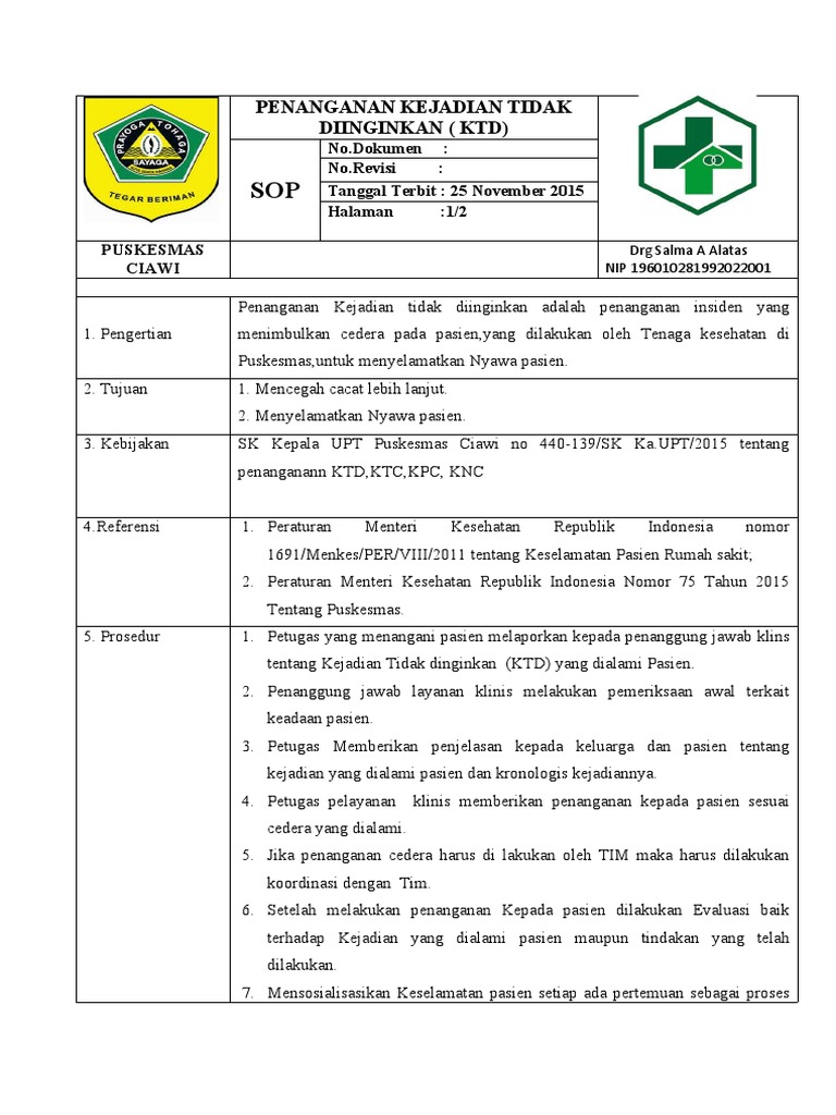 Sop Penanganan Kejadian Tidak Diinginkan KTD | PDF