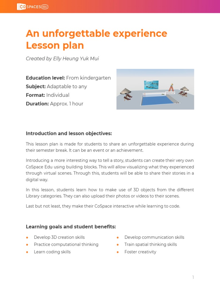 Unforgettable Experiences with CoSpaces | PDF | Lesson Plan | Experience