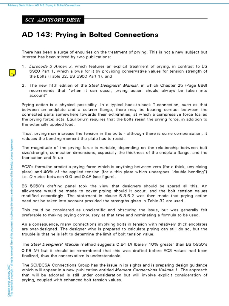 AD 143 - Prying in Bolted Connections | PDF | Force | Bending