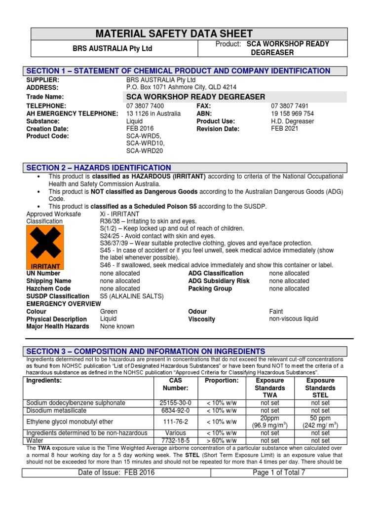 Material Safety Data Sheet: Section 1 - Statement of Chemical Product ...