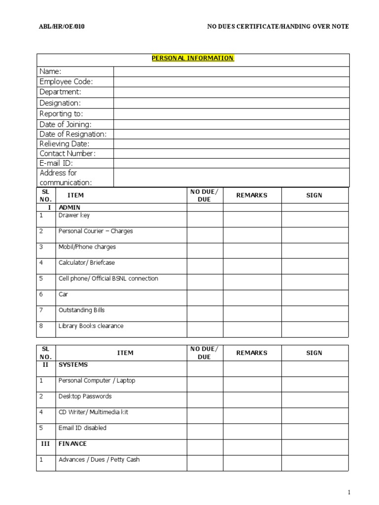 Form 7-No Dues Certificate. | PDF | Human Resource Management ...