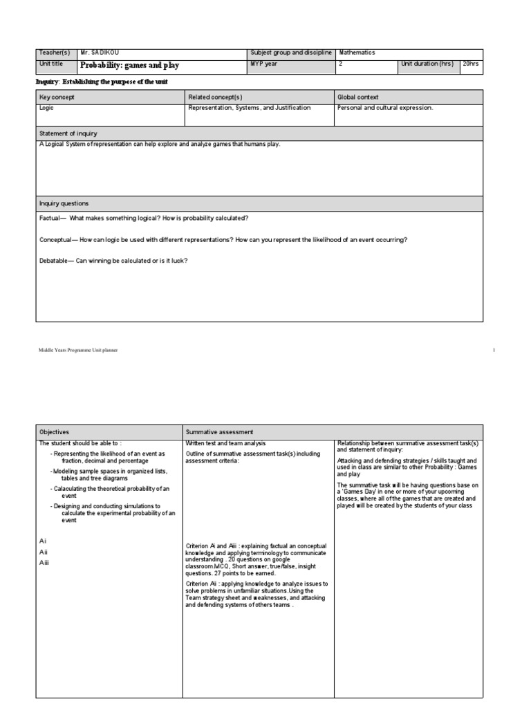 MYP 2 - Unit - Plann 5th MP Feedback | PDF | Probability | Educational ...