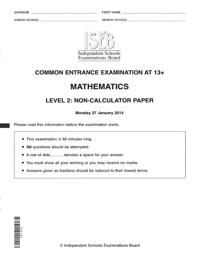 13 Maths Level 2 Non Calculator Paper Iseb January 2014 | PDF