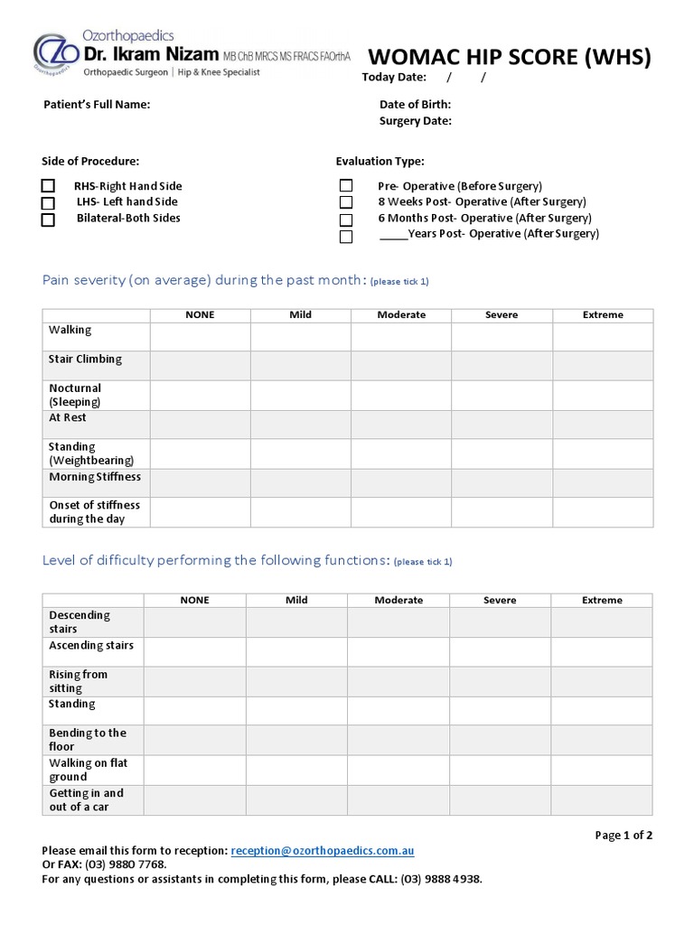 Womac Hip Score (WHS) : Pain Severity (On Average) During The Past ...