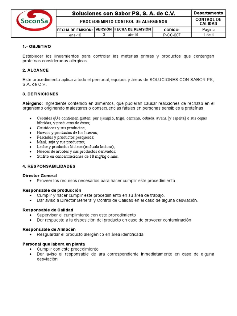 Procedimiento Control De Alergenos Pdf Leche Ají Picante
