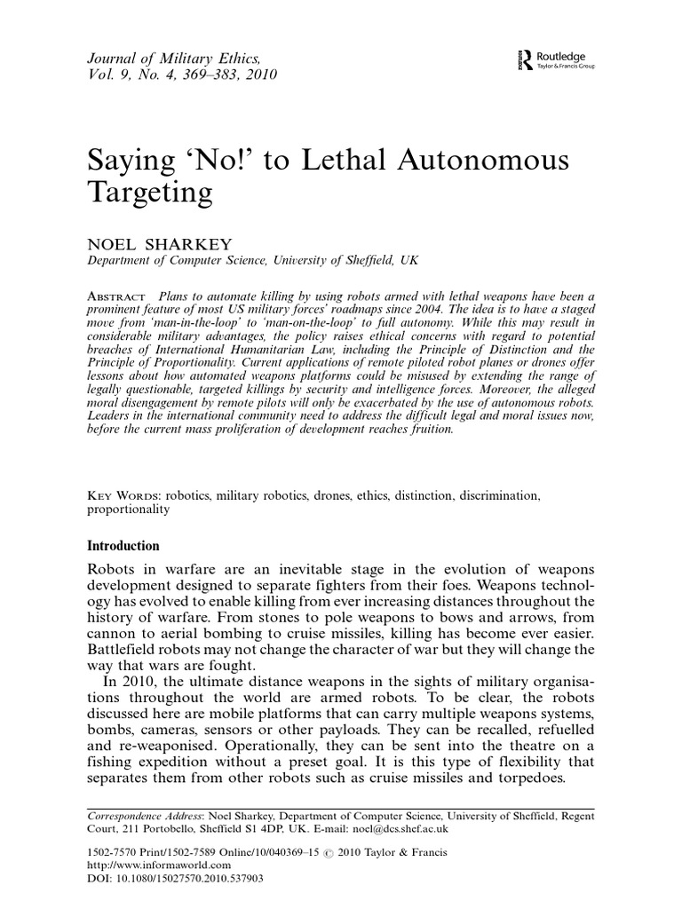 Saying No!' To Lethal Autonomous Targeting: Noel Sharkey | PDF ...