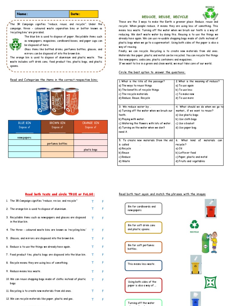 Recycling Reading Comprehension Worksheet 1 | PDF | Recycling | Reuse Recycling Reading Comprehension Worksheet 1 | PDF | Recycling | Reuse