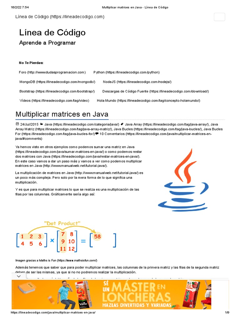 Multiplicar Matrices en Java - Línea de Código | PDF | Matriz ...