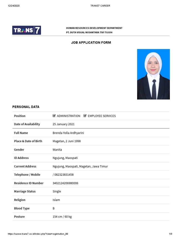 Job Application Form: Human Resources Development Department Pt. Duta ...