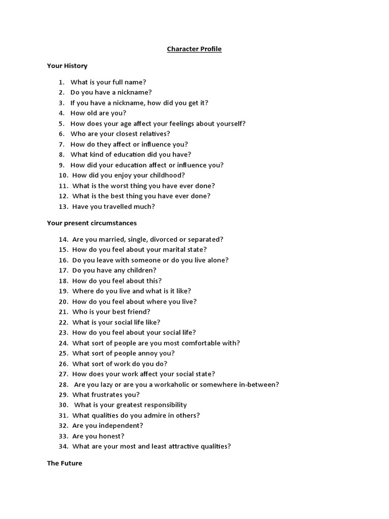 Handout - Character Questions From Hotseating | PDF | Extraversion And ...