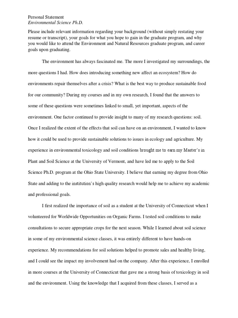 Environmental Science PHD Personal Statement Sample | PDF ...