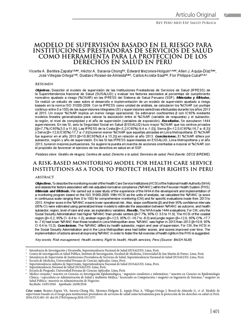 Modelo Supervisión Basado en Riesgo para Ipress | PDF | Estadísticas | Riesgo