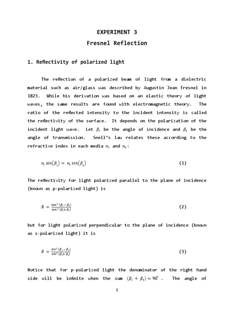 Fresnel Reflection Experiment | Download Free PDF | Polarization (Waves ...