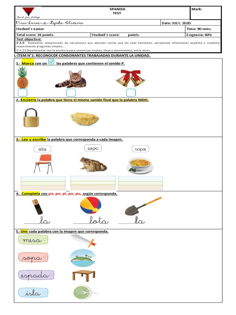 Spanish Test Unit 2 | PDF