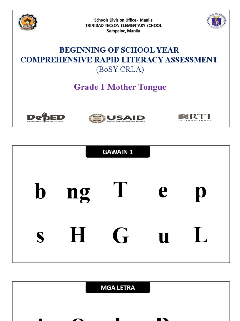 Grade 1 Mother Tongue: Beginning of School Year Comprehensive Rapid ...