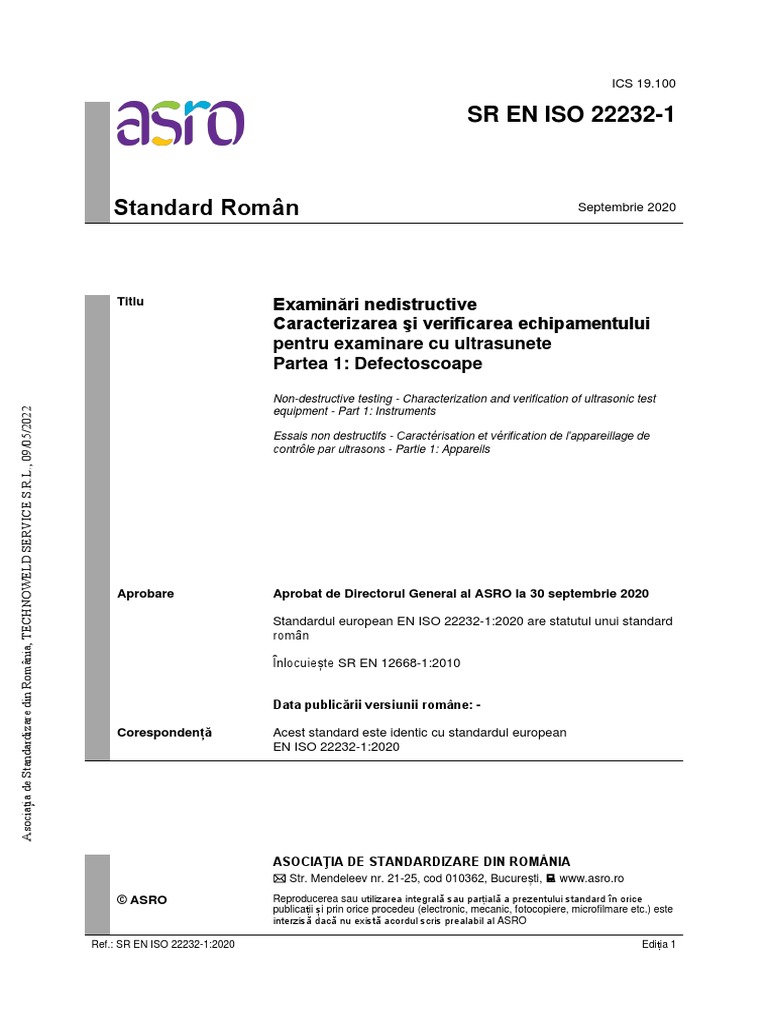 SR en ISO 22232-1-2020 Examinări Nedistructive. Caracterizarea Şi ...