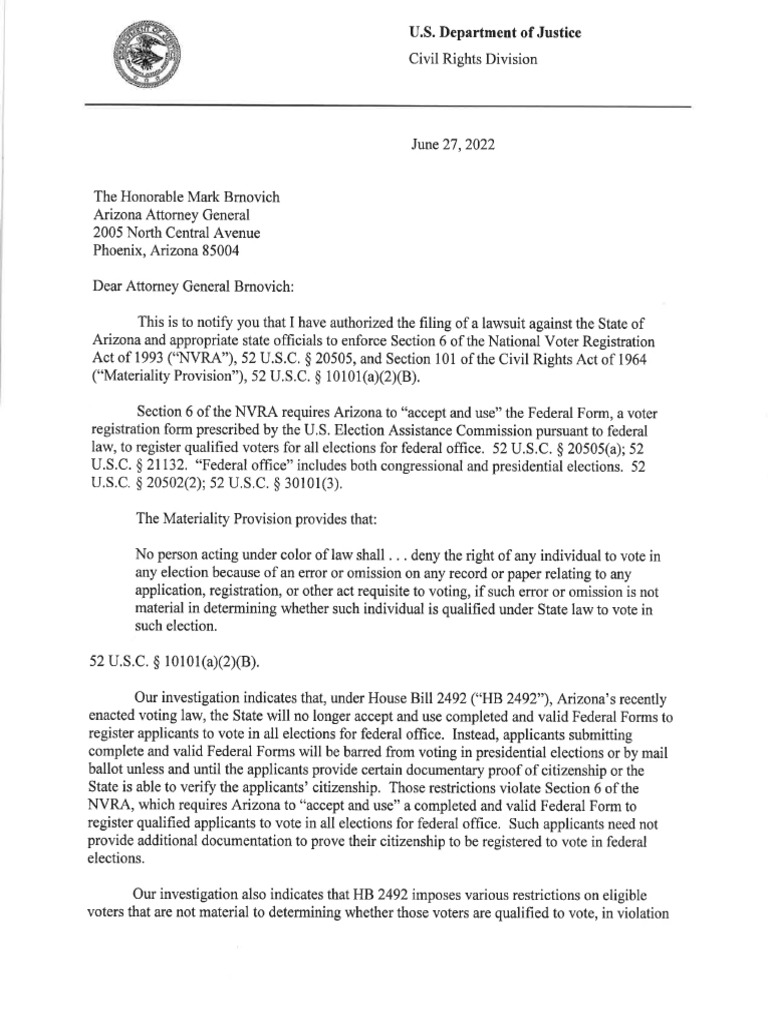 DOJ Letter To Arizona AG | PDF
