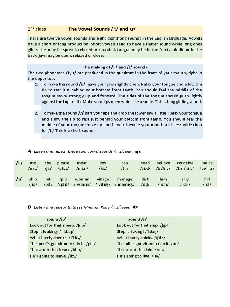 Vowel Sounds /iː/ and /ɪ/ Guide | PDF | Vowel | Linguistics