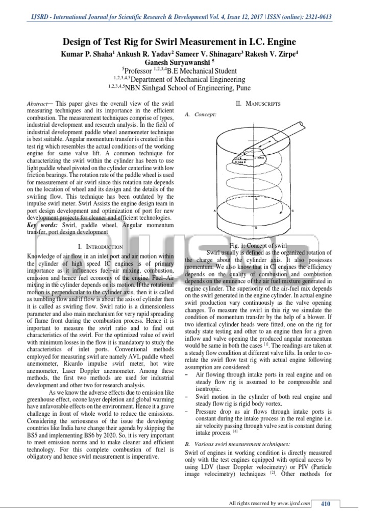 Design of Test Rig For Swirl Measurement in I.C. Engine | Download Free ...