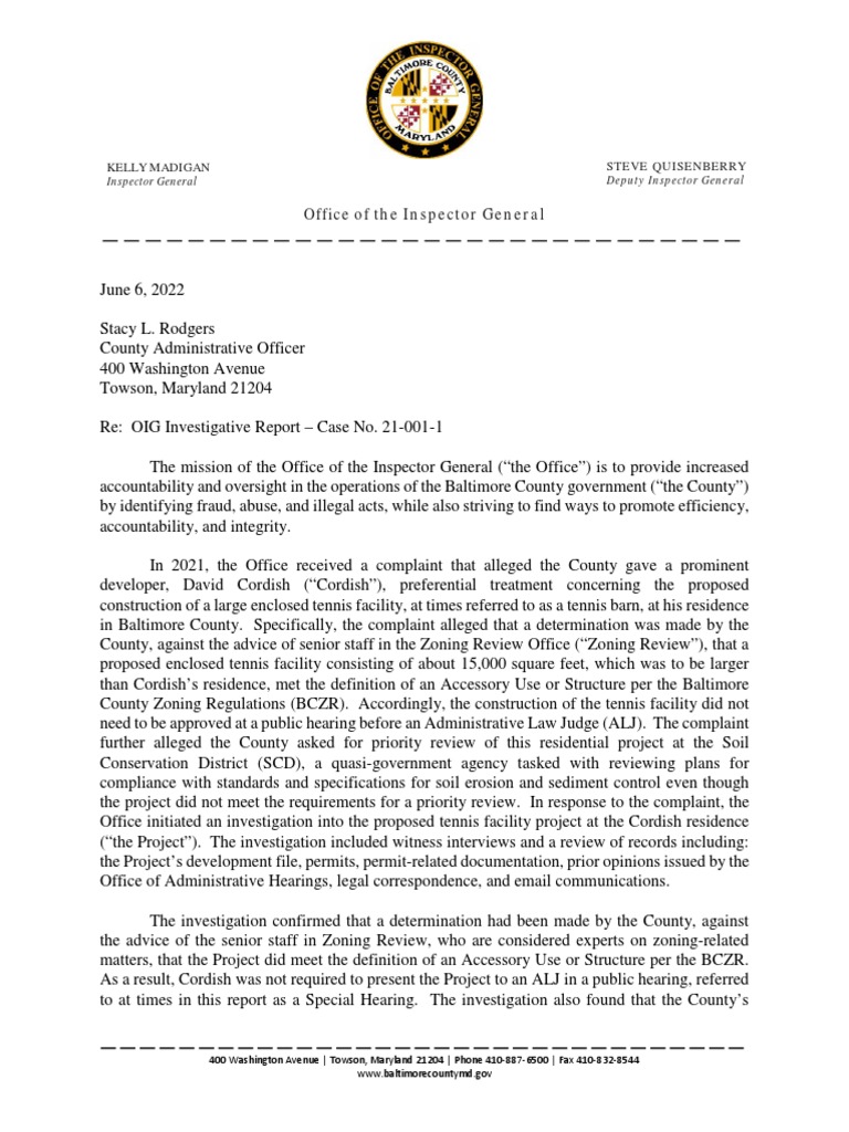 Inspector General Report Olszewski - Cordish | PDF | Zoning ...