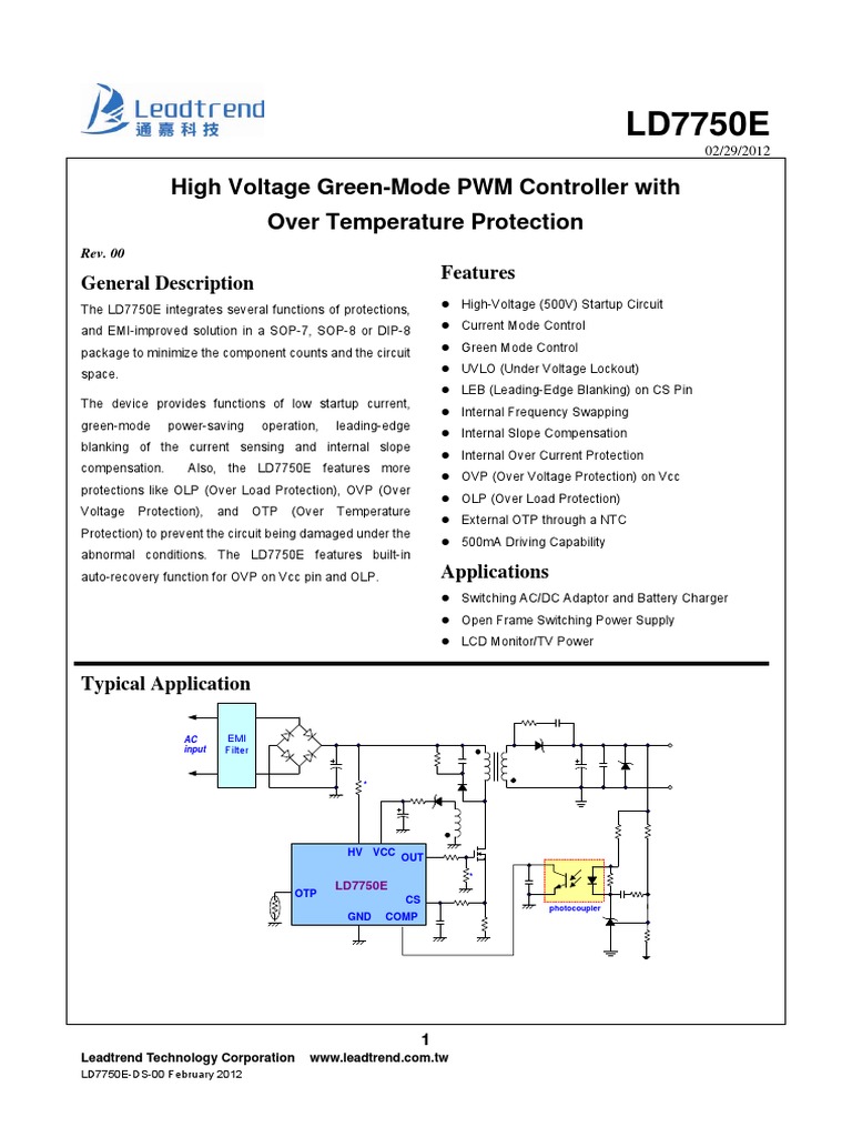 High Voltage Green-Mode PWM Controller With Over Temperature Protection | PDF | Mosfet | Capacitor