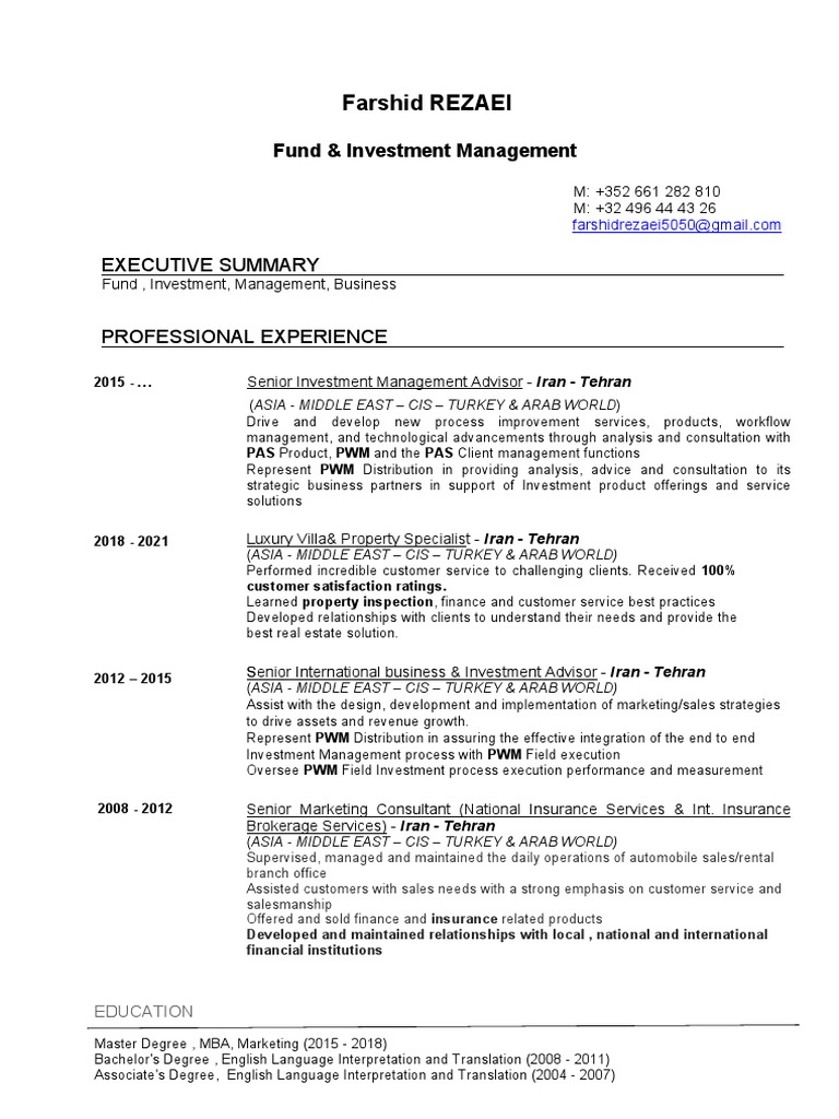 Farshid Rezaei (Fund & Investment) | PDF | Investment Management | Sales